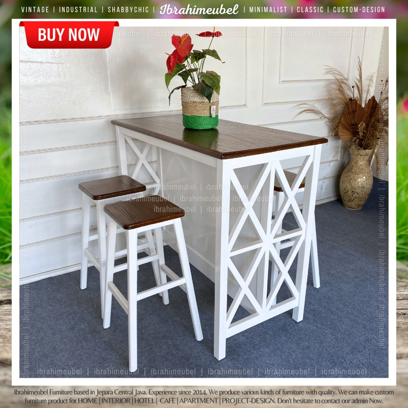 Jual Set Meja bar Island silang warna Putih top Natural walnut 4 stool ...