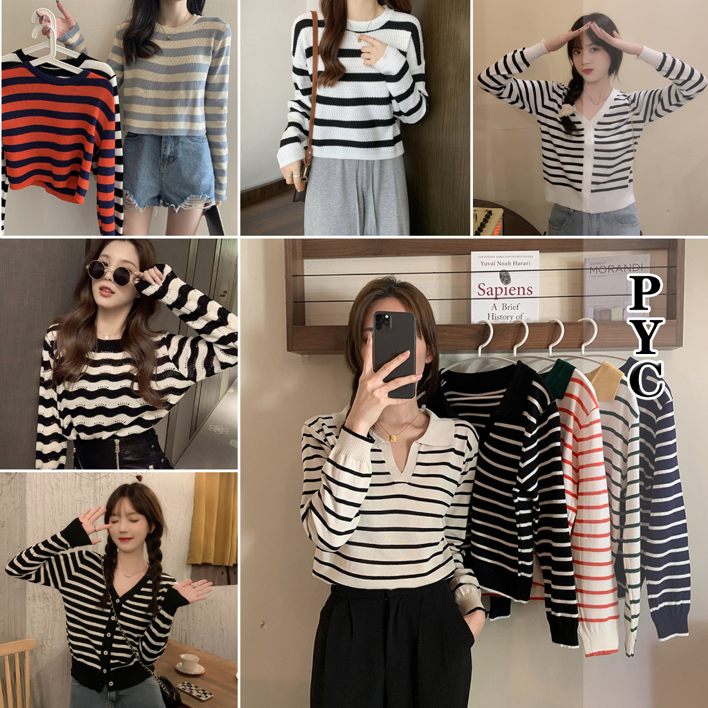 Jual Sweater Crop Garis-Garis Leher-V Top/Lengan Panjang Sweater ...