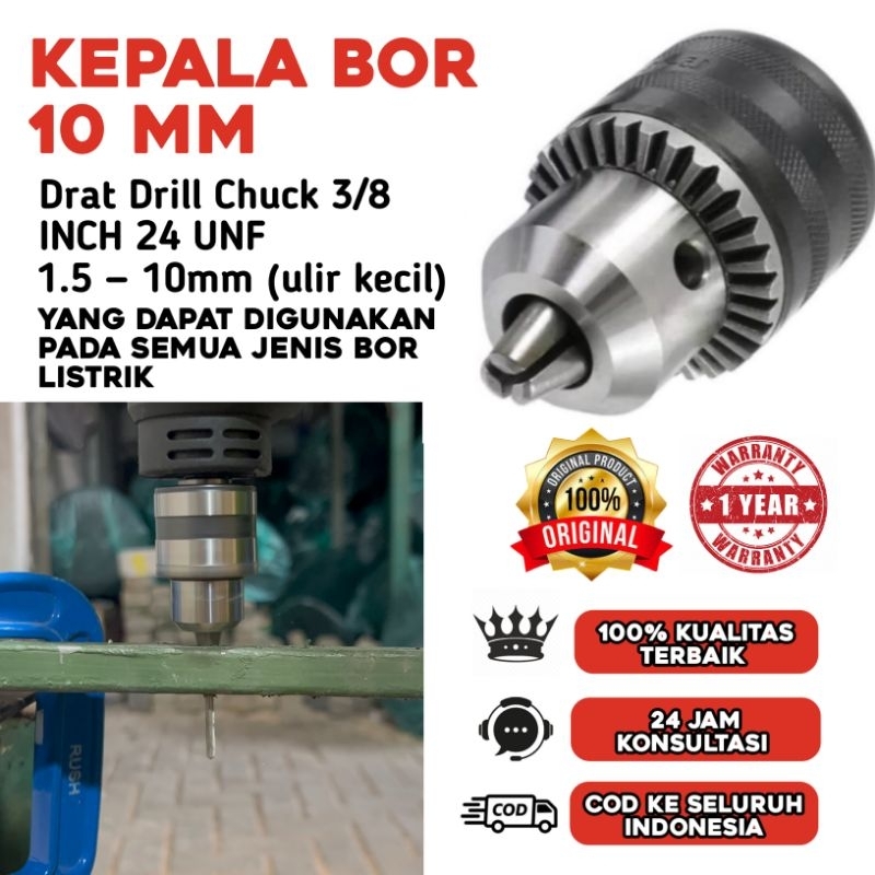 Jual kepala bor 10mm plus kunci kepala bor Drat Drill Chuck 3/8 Inch-24 ...