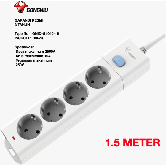 Jual Stop Kontak Gongniu 4 Lubang G1040 Tombol On/Off (Singel Switch ) Kabel1,5M/3M/5M | Shopee ...