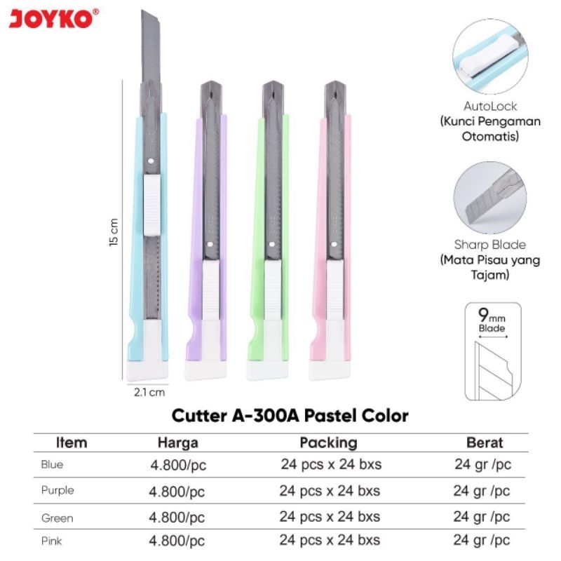 Jual Cutter JOYKO A-300A PASTEL COLOR Autolock / Cutter Pemotong Kertas ...