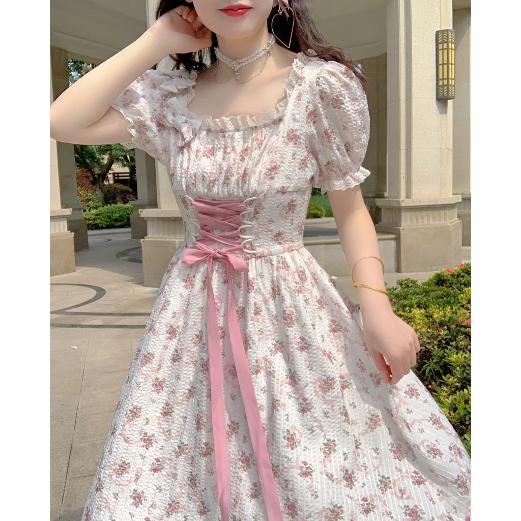 Jual vintage korean pink midi dress korea floral Bunga Long fairy Dress ...