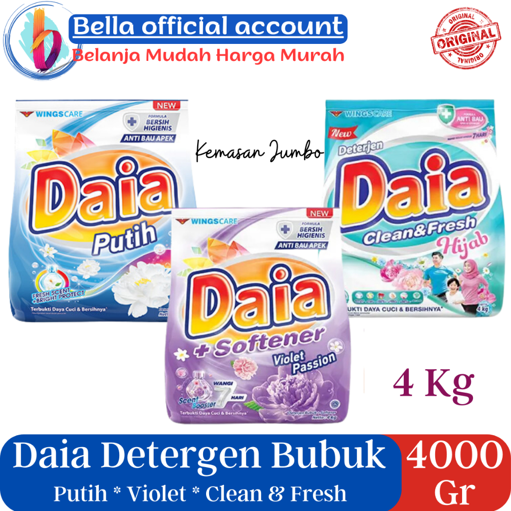Jual DAIA Softener Violet Passion - Putih - Clean fresh Detergent bubuk 4000 gr / 4 Kg | Shopee ...