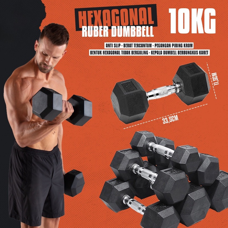 Jual dumbel hexa dumbbell rubber barbell hexagonal 10 kg barbel karet ...