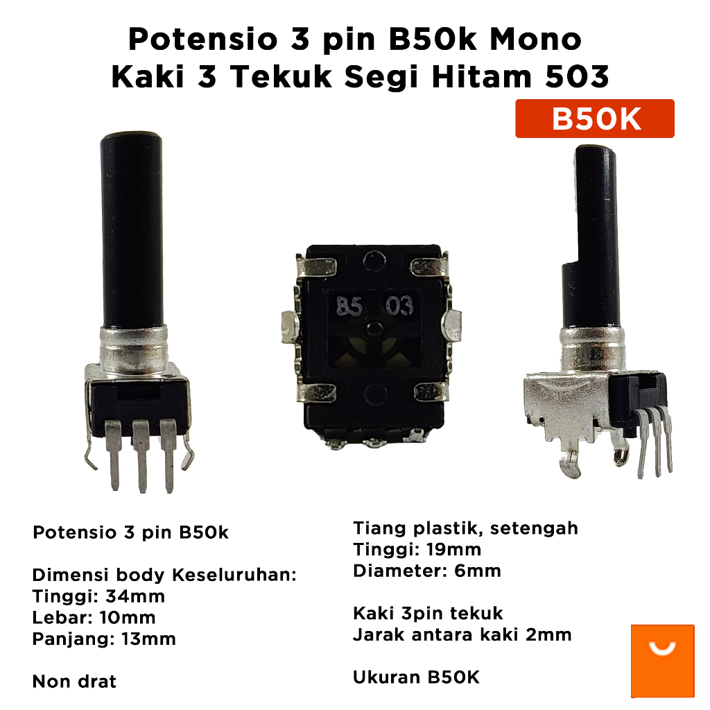 Jual Potensio 3 pin B50k Mono Kaki 3 Tekuk Segi Hitam 503 | Shopee ...