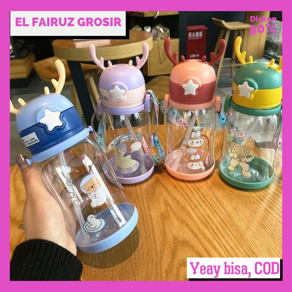 Jual Botol Minum Tanduk Rusa Sticker Dengan Tali Sedotan 600ML / Botol Minum Anak Lucu 600 ML ...