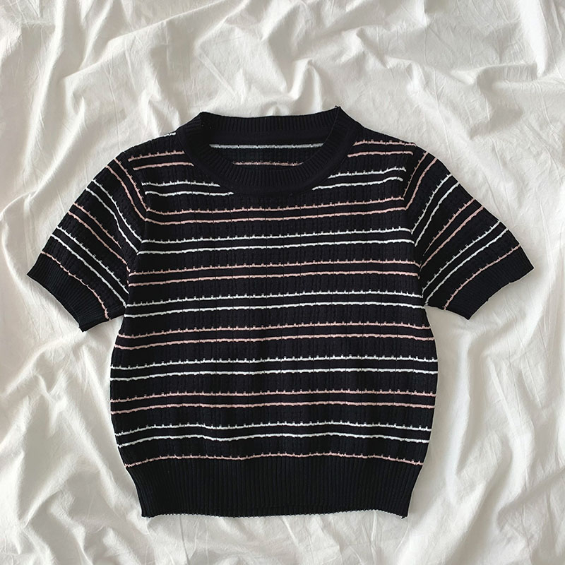 Jual The Monseur Gallery Kaos Rajut Lengan Pendek Wanita Striped T-shirt Korean Style | Shopee ...