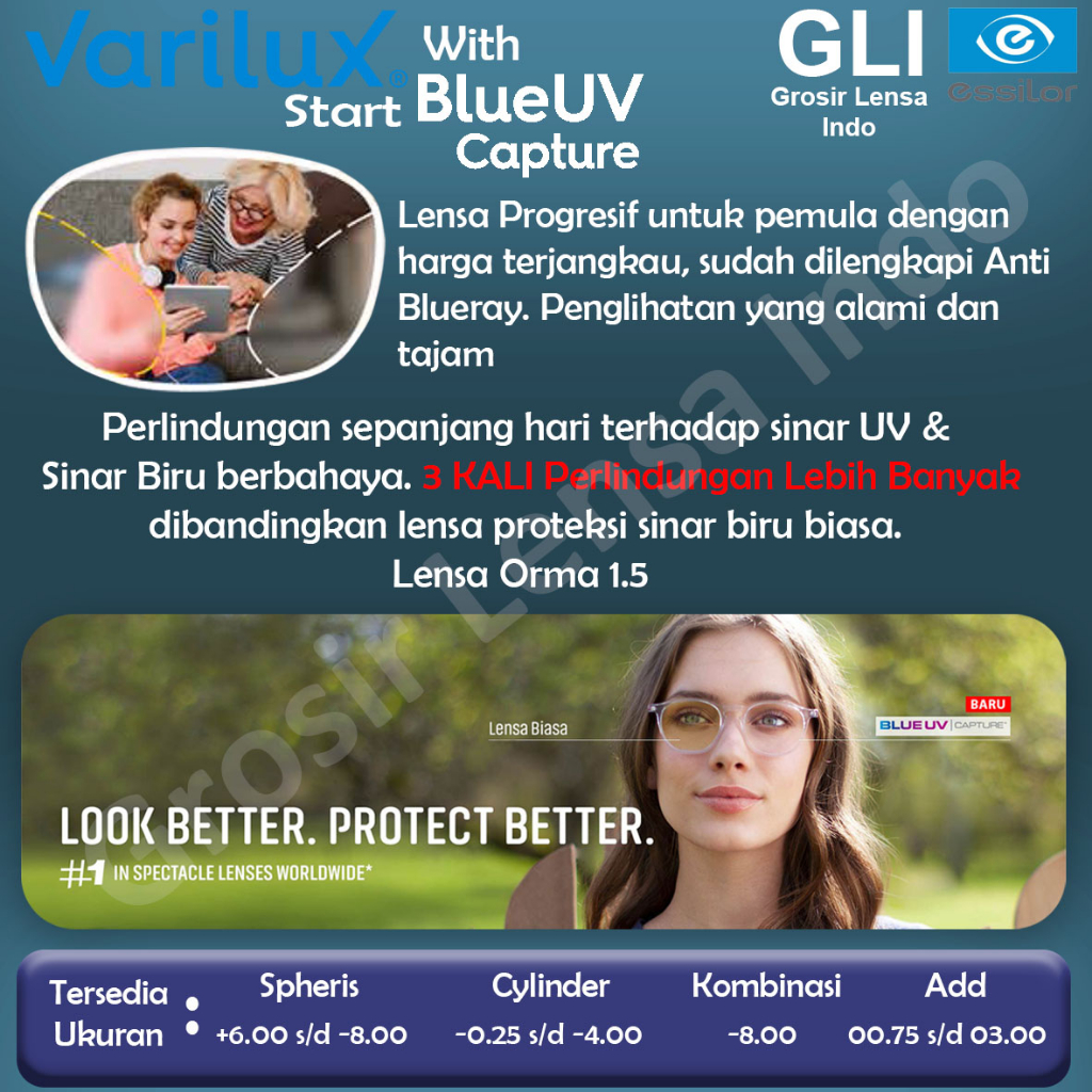 Jual Lensa Kacamata Essilor Varilux Start Blue UV Capture 1.5 Orma ...