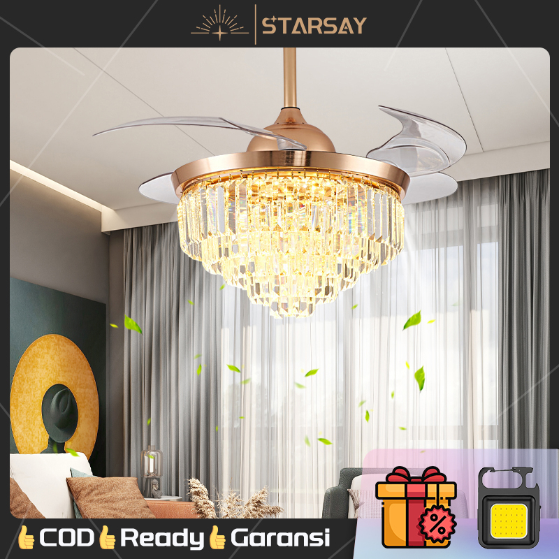 Jual ⭐Remote&Garansi⭐Kipas Lampu Gantung Kristal 3 Warna 42inch 4 ABS Fan Gold Crystal ...