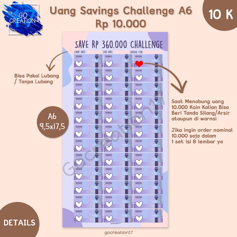 Jual KERTAS ISI BINDER A6 SAVING CHALLENGE MOTIF UANG 10k || 1 pcs/lembar | Shopee Indonesia