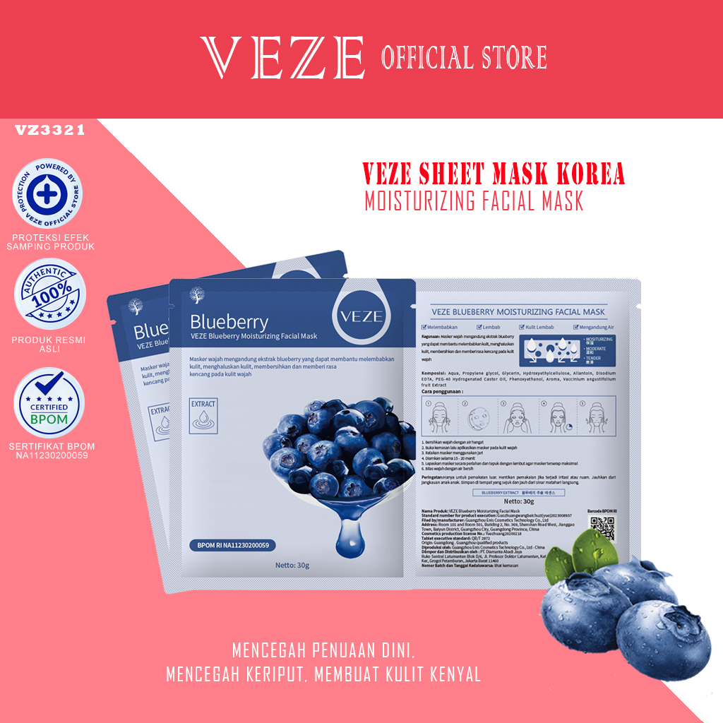 Jual [BPOM] - Veze Sheet Mask Korea Masker Wajah Blueberry Aloe Vera ...