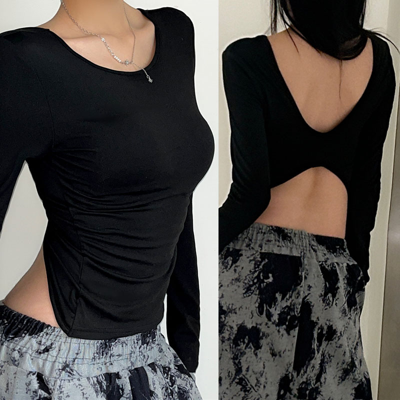 Jual 【Premium】Round Neck Long Slevee Backless Crop Tee Top 7598 ( S/M/L ...