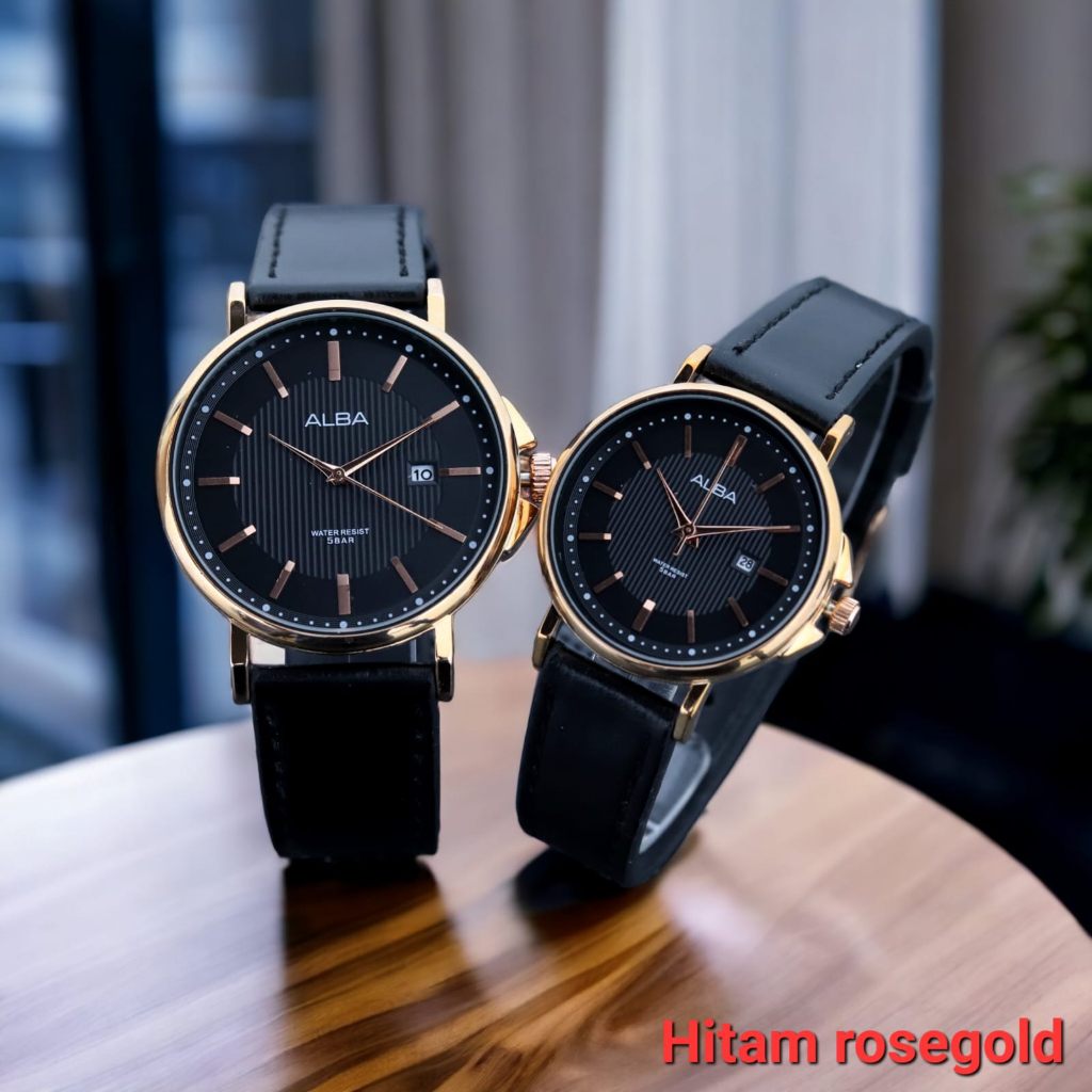Jual Jam Tangan Couple Alba AA Tali Kulit Body Bulat Plat Garis Tanggal ...