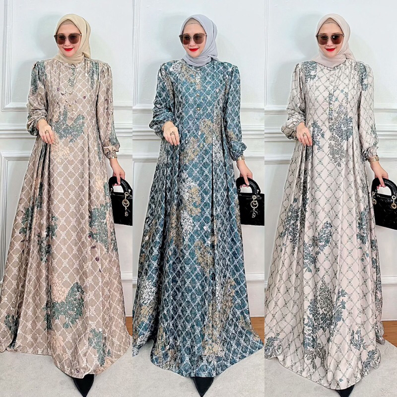 Jual gamis maxi dress zanitha motif printing abstrak batik keren cantik mewah formal pesta ...