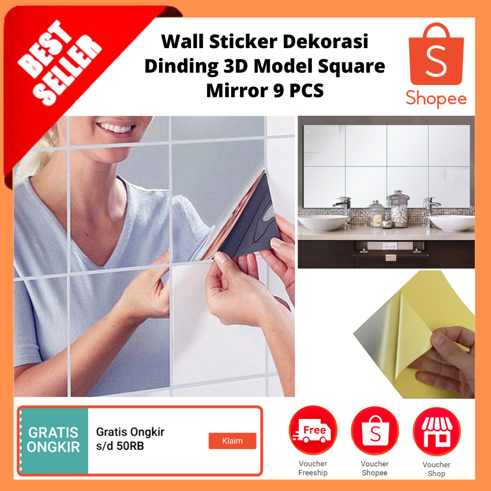 Jual Wall Sticker Dekorasi Dinding 3D Model Square Mirror 9 PCS ...