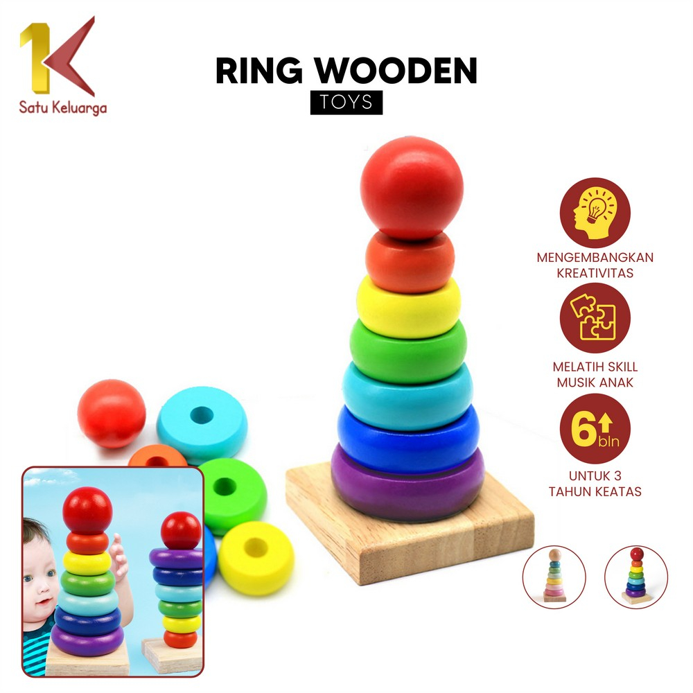 Jual Satu Keluarga Mainan Anak Ring Donat Kayu Susun Rainbow Unisex ...