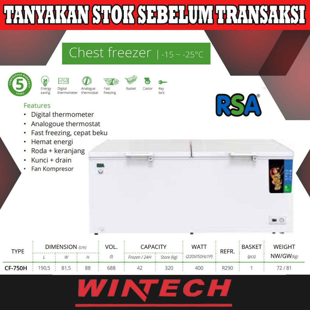Jual RSA CF-750H CF750H CF 750 H Chest Freezer - Box Pendingin - Lemari ...