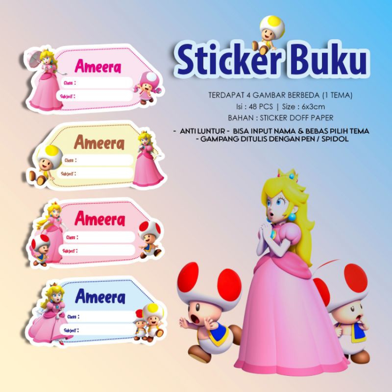 Jual Sticker / Stiker Buku Custom Nama Karakter MARIO BROSS / PEACH ...