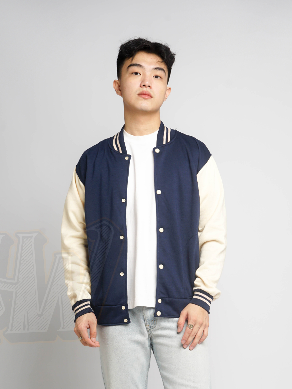 Jual Jaket Basebal Varsity Kancing Navy Tangan Cream Polos Pria dan ...