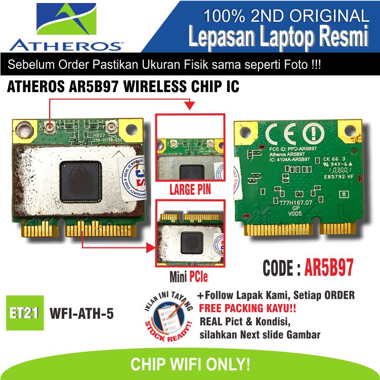 Jual ET21 WFI-ATH-5 Internal WiFi Card WiFi Chip Laptop Notebook Netbook ATHEROS AR5B97 WIRELESS ...