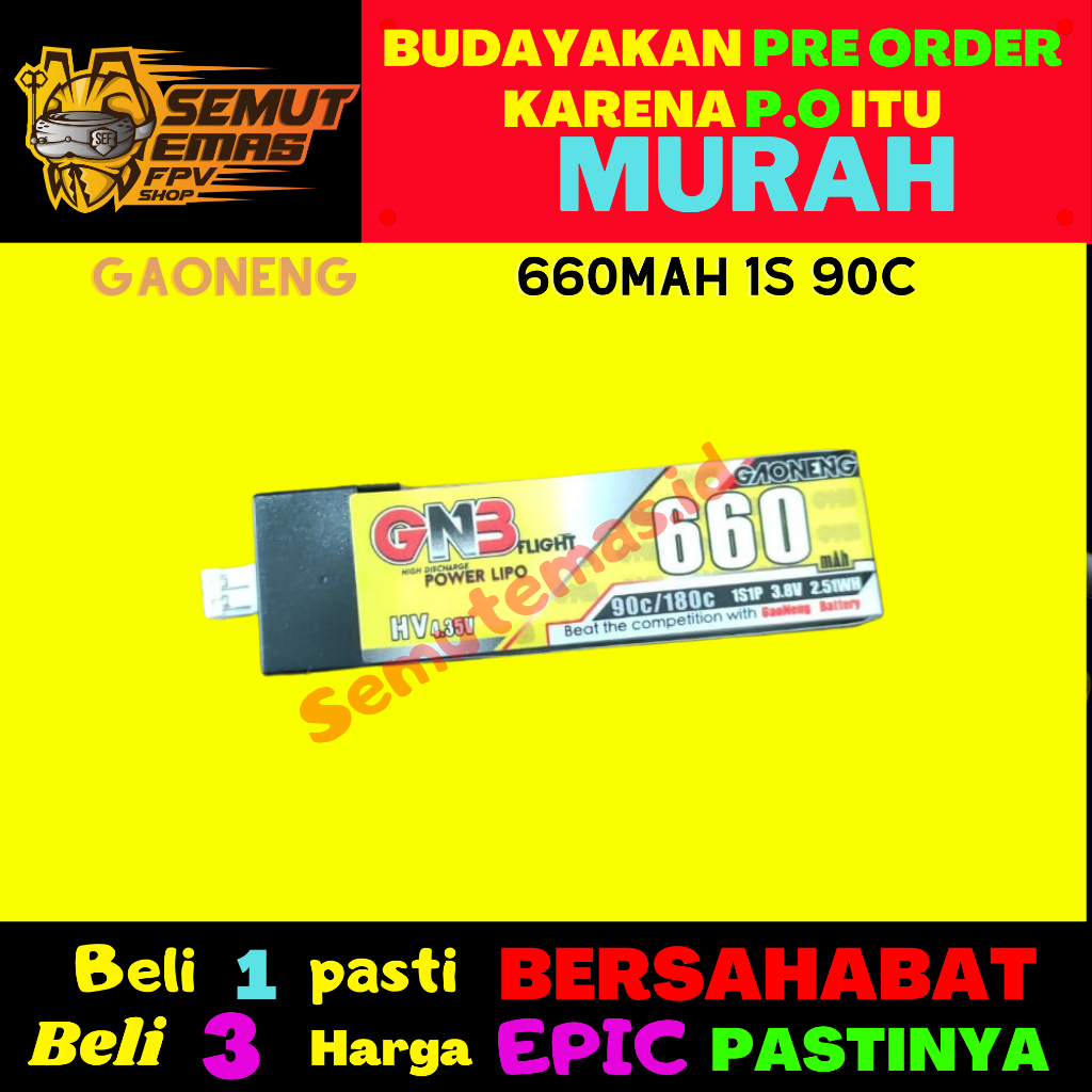 Jual Semut Emas Gaoneng GNB Lipo 1S 660mah 90C 3.8v HV PH2.0 Cable FPV ...