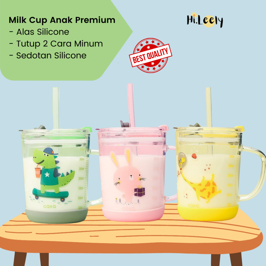 Jual GELAS ANAK GELAS SUSU ANAK KACA ANTI TUMPAH DENGAN SEDOTAN + ALAS ...