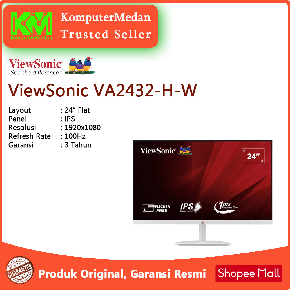 Jual LED MONITOR ViewSonic VA2432-H-W WHITE (24"/FHD/IPS/100Hz/1ms/VGA/HDMI/VESA) | Shopee Indonesia