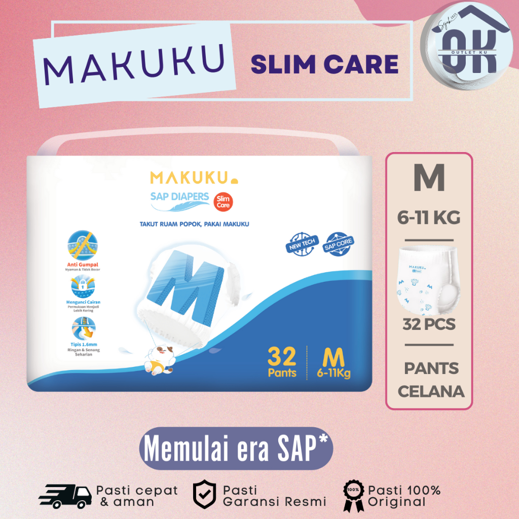 Jual MAKUKU SAP Diapers Slim Care Pants M32 Popok Bayi Tipis Extra Dry ...