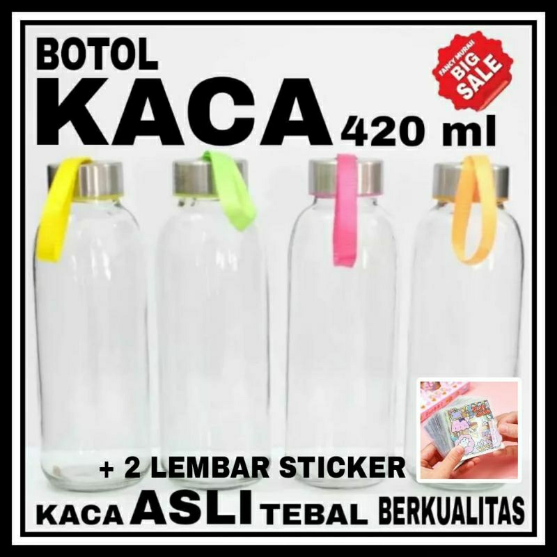 Jual (BEST PRICE) PAKET BOTOL MINUM KACA 420 ML + 2 LBR STICKER / BOTOL ...