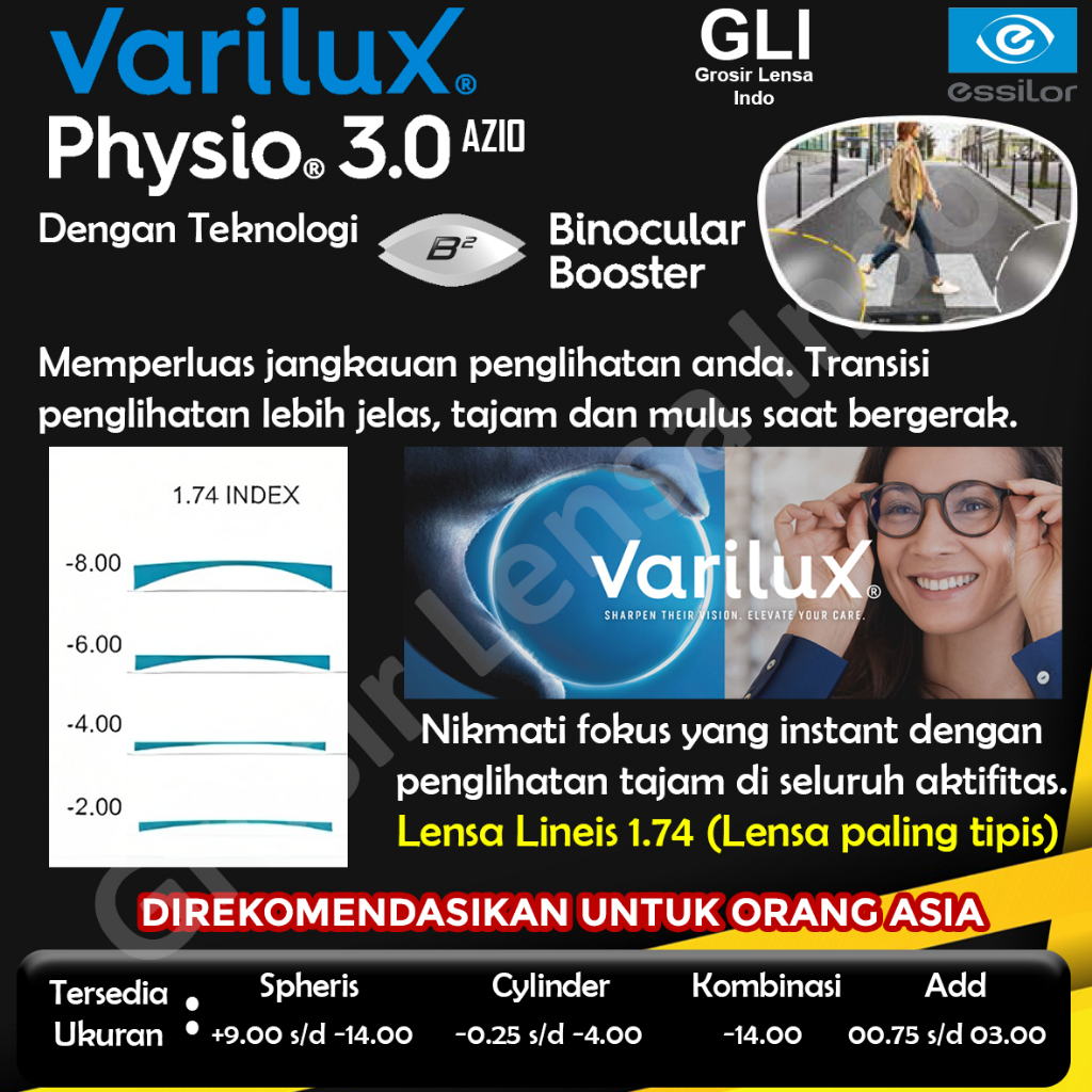 Jual Lensa Progresif Essilor Varilux Physio Azio Lineis 1.74 Crizal ...