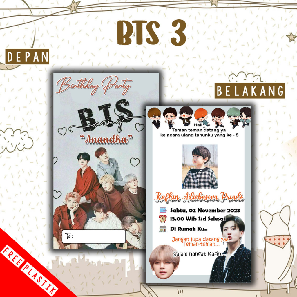 Jual Undangan Karakter BTS 3 (30 PCS / 50 PCS) / Undangan ulang tahun ...