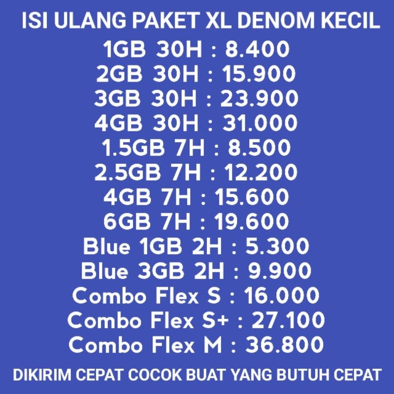 Jual ISI ULANG KUOTA XL MINI BLUE FLEX 1GB 2GB 3GB 4GB 1.5GB 2.5GB 6GB ...