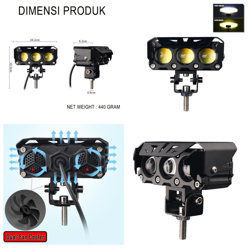 Jual Lampu tembak LED Laser D3 transformer 3 mata SQL 3 mata lensa putihkuning ada kipas ...