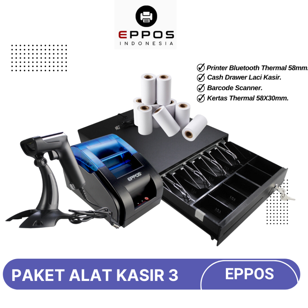 Jual Paket Alat Kasir EPPOS Bluetooth Thermal Printer Barcode Cashdrawer 2 | Shopee Indonesia