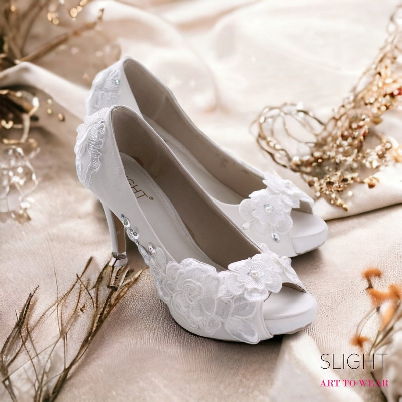 Jual SLIGHT Sepatu Wedding Peeptoe Chrysant Putih Brokat Lace Wedding ...