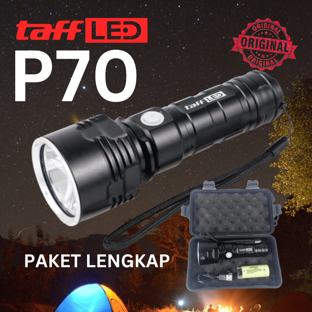 Jual PAKET Senter P70 Tactical T6 LED USB Rechargeable 50W 1000 Lumens Baterai 26650 Battery ...