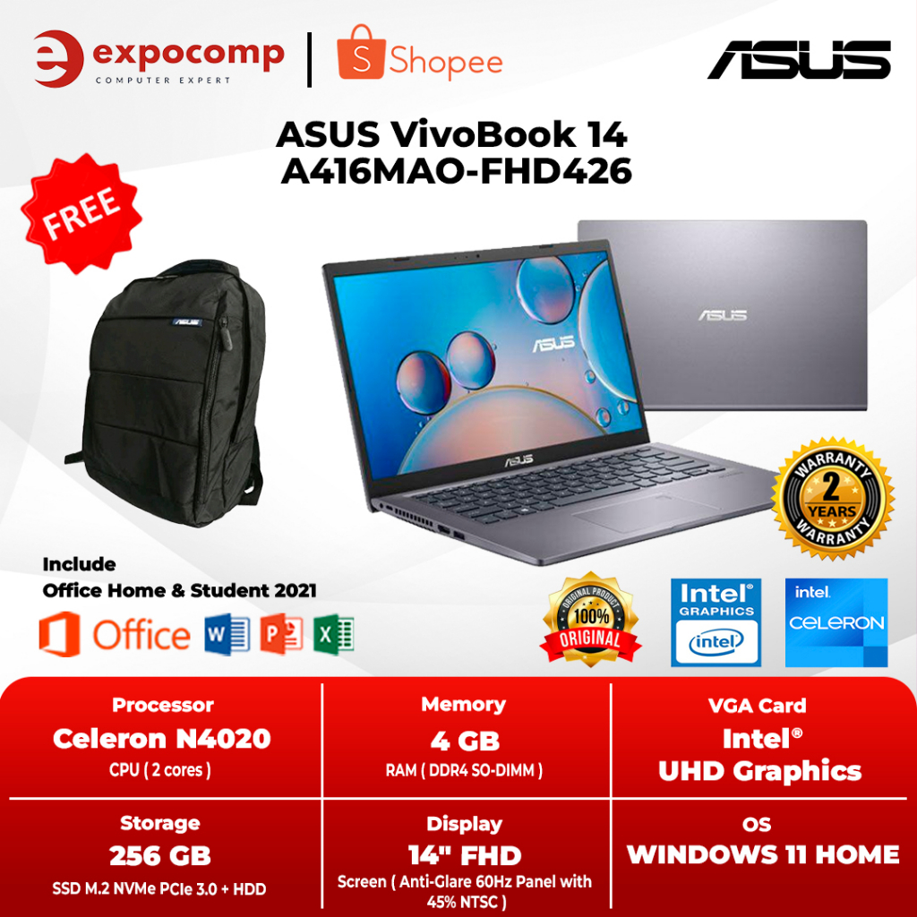 Jual ASUS VivoBook A416MAO-FHD426 GREY N4020 4GB 256GB W11+OHS | Shopee ...