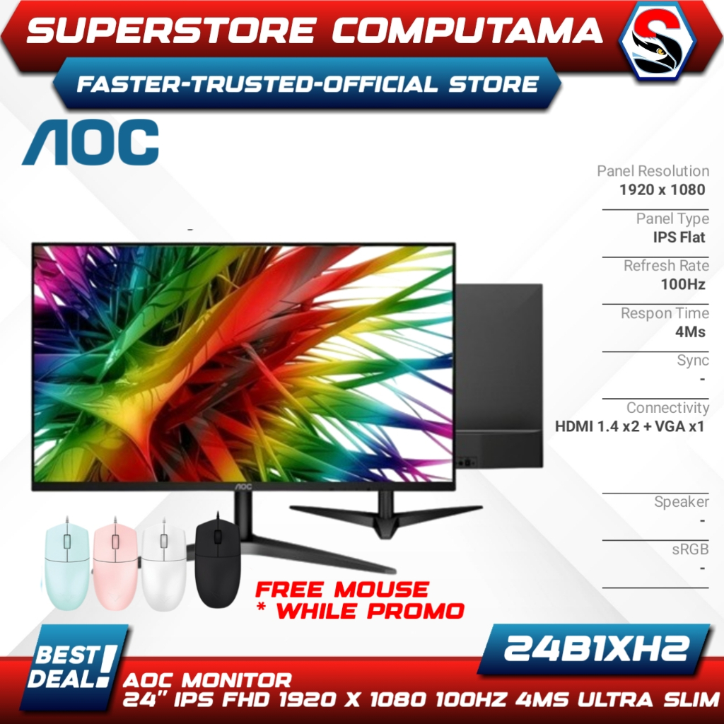 Jual Monitor LED AOC 24B1XH2 24" IPS FHD 100Hz Ultra Slim Vesa VGA HDMI ...