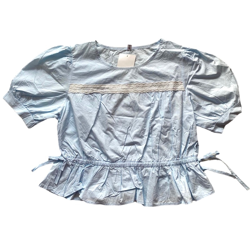 Jual Crop Top Sky Blue Renda Dada Lengan Balon | Shopee Indonesia