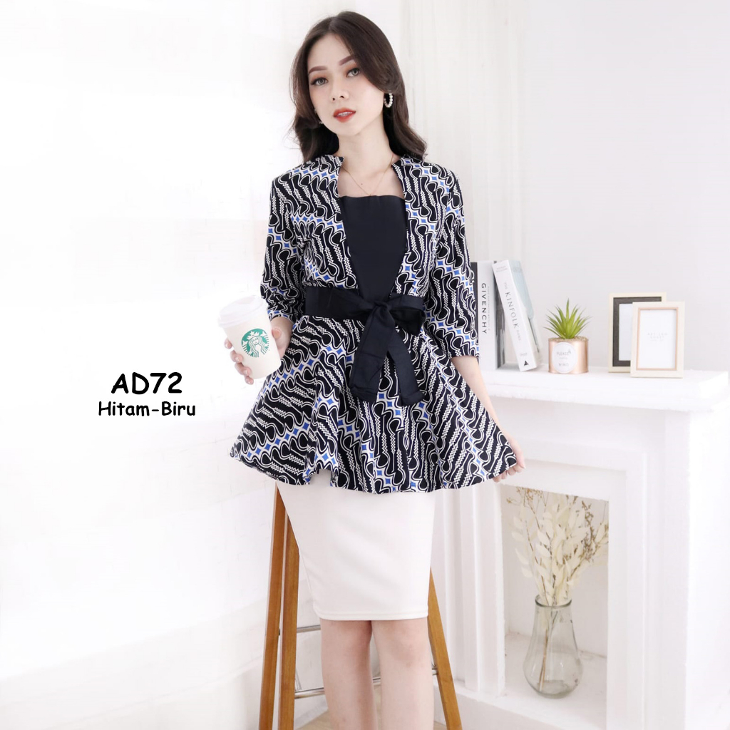 Jual AD72 Edith Series - Blouse Batik Wanita Modern / Atasan Batik Wanita Lengan 3/4 Ada tali ...
