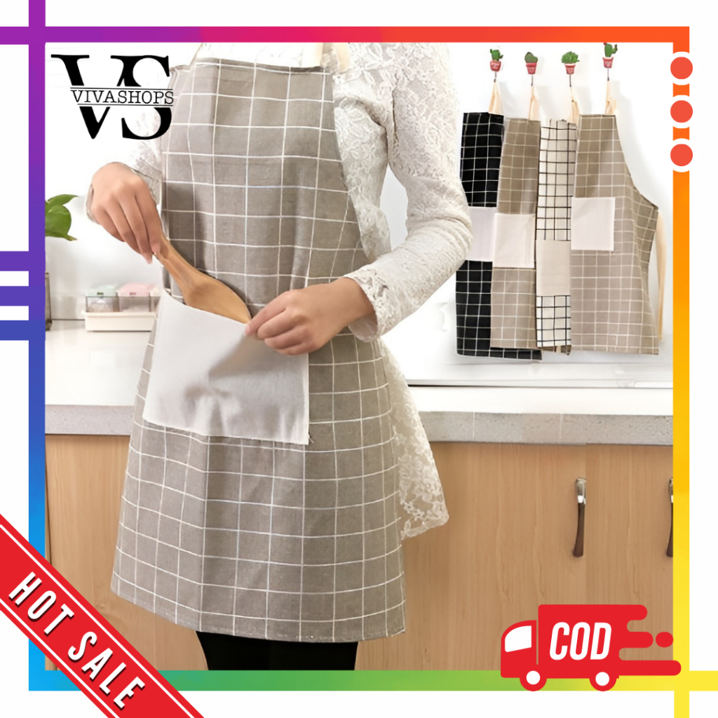 Jual Celemek Masak Apron dengan bahan Kain Katun Linen Motif Elegan ...