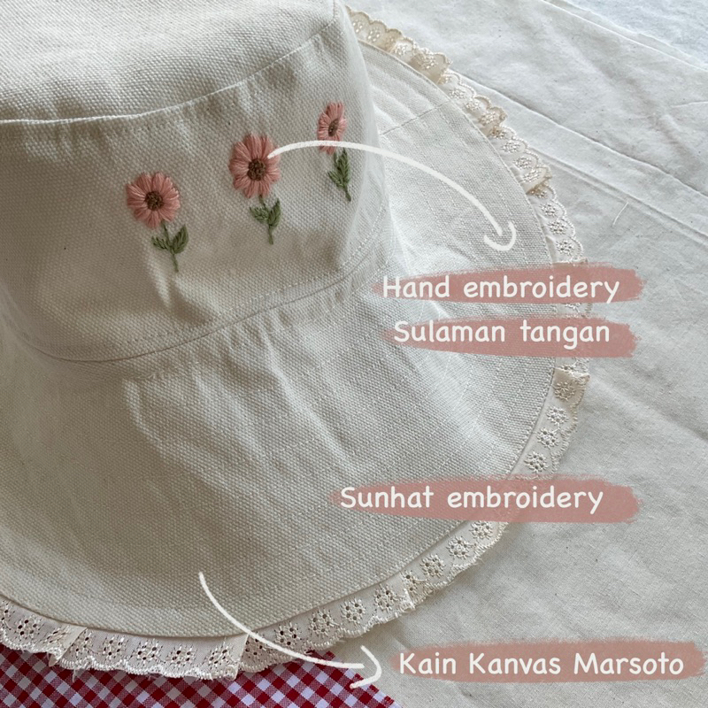 Jual MARJETA topi pantai estetik kanvas dengan motif sulaman / sunhat ...