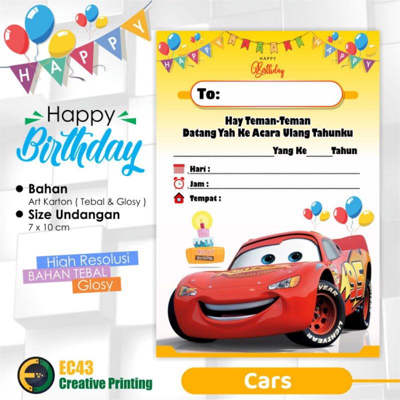 Jual Undangan Ultah Anak Tema Cars Undangan Tema Mobil | Free Plastik ...