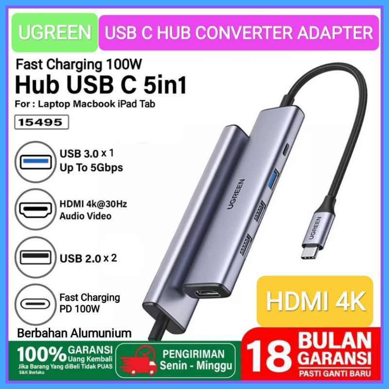 Jual Ugreen USB C HUB Converter Adapter 5 in 1 Type C To HDMI 4K USB 3.0 2.0 PD100W | Shopee ...
