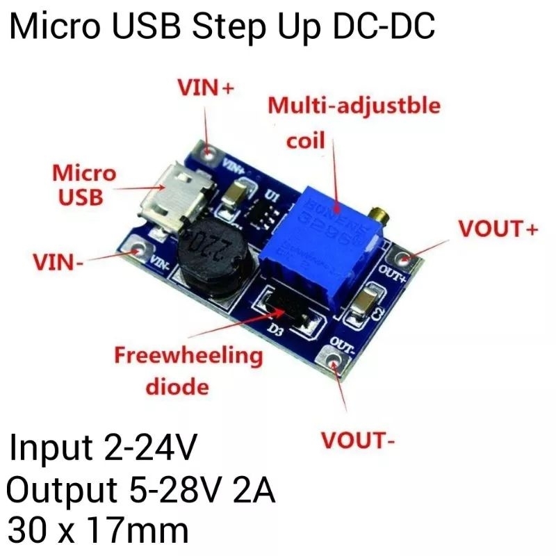 Jual MT3608 ADJUSTABLE STEP UP BOOST DC MICRO USB 2A 2V-24V TO 5V-28V MODULE | Shopee Indonesia