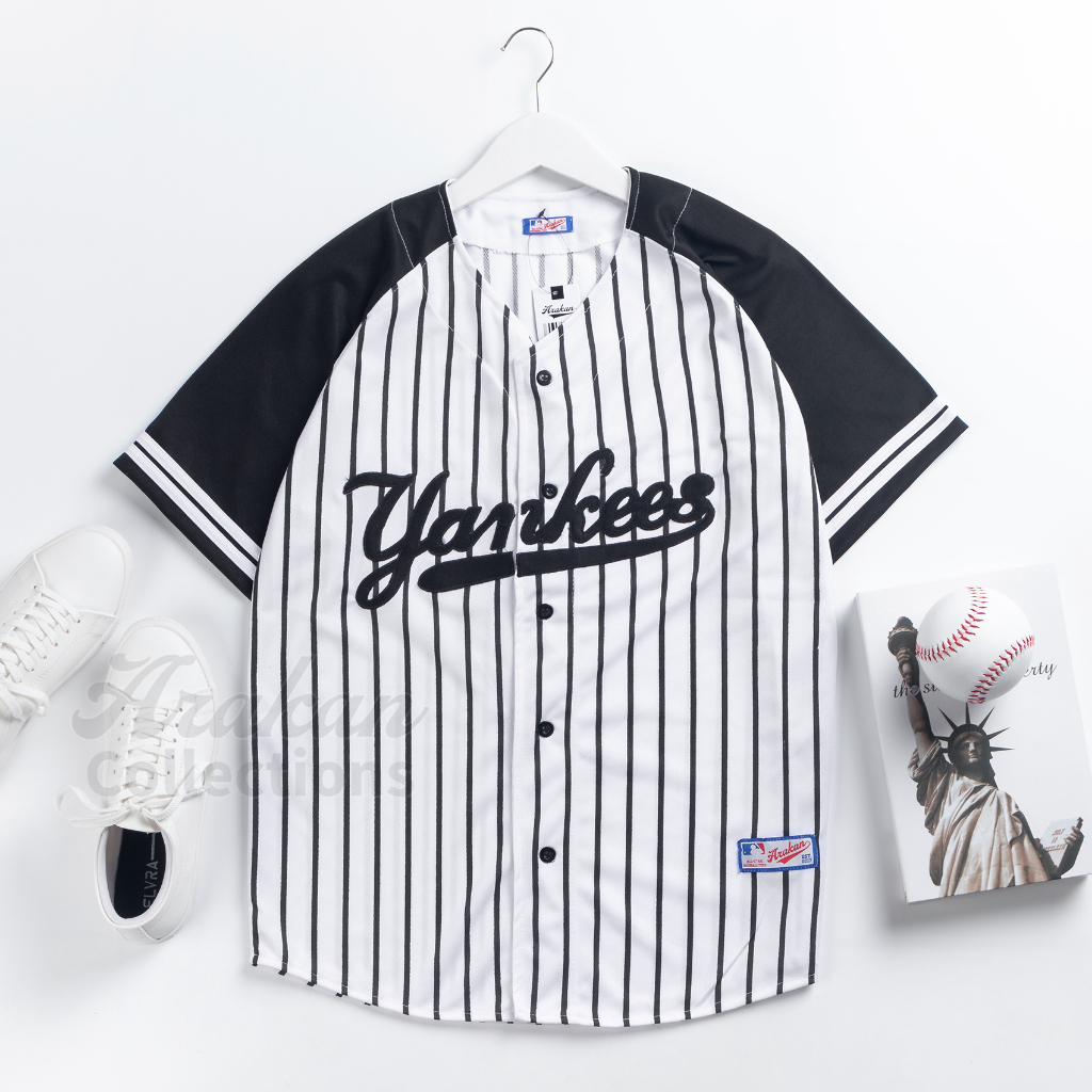 Jual kaos jersey baseball salur putih reglan hitam COD / baju jersey ...