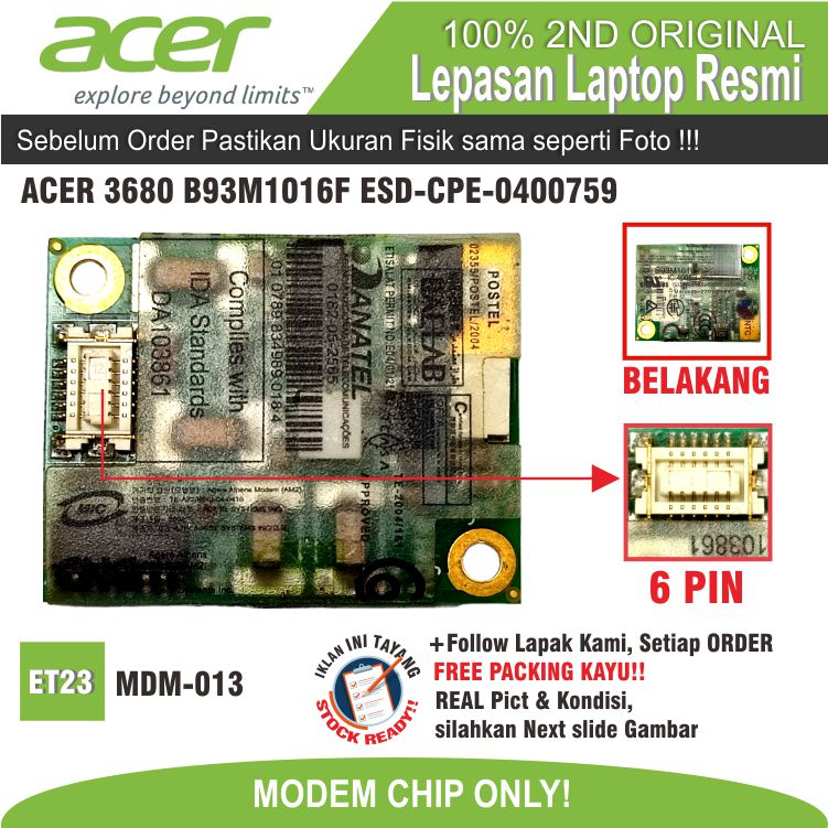 Jual ET23 MDM-AC-2 Internal Modem Card Modem Chip Laptop Notebook Netbook ACER 3680 B93M1016F ...