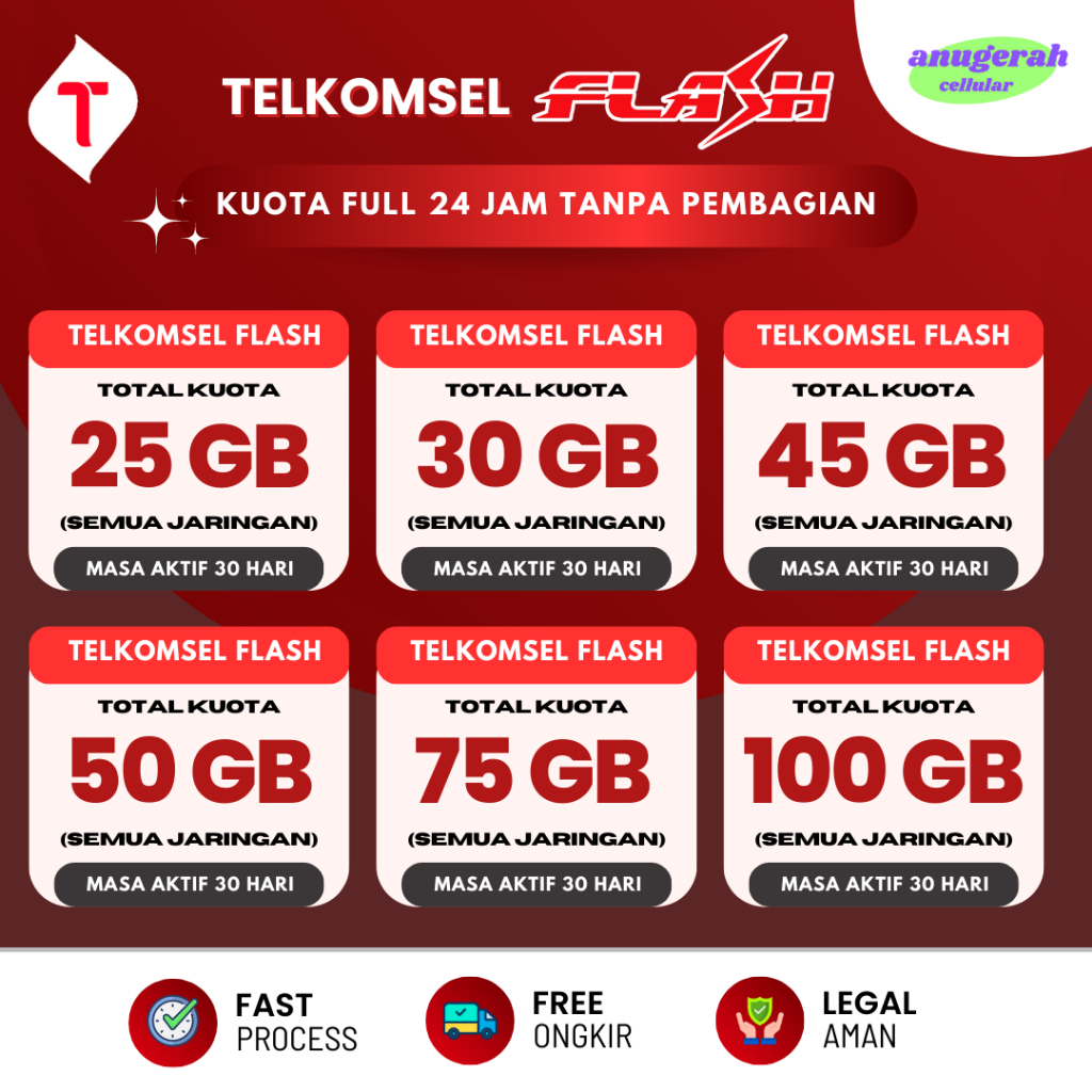 Jual Paket Data | Kuota Telkomsel Flash 25GB - 100GB | 24 Jam Full All Jaringan | 30 Hari ...