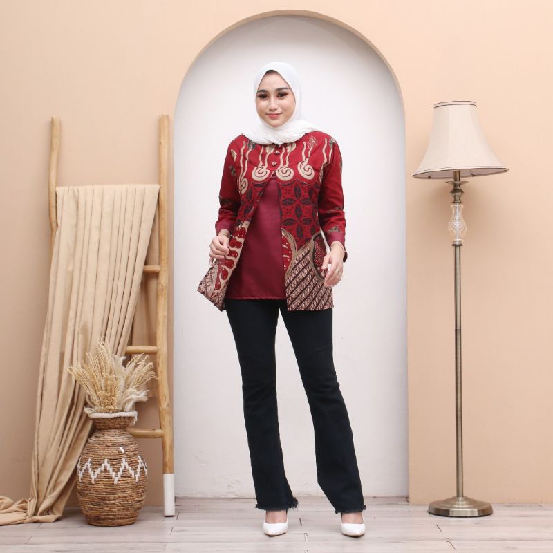 Jual Batik Wanita Blouse Kerja Modern Merah Maroon Model Balero Bahan ...