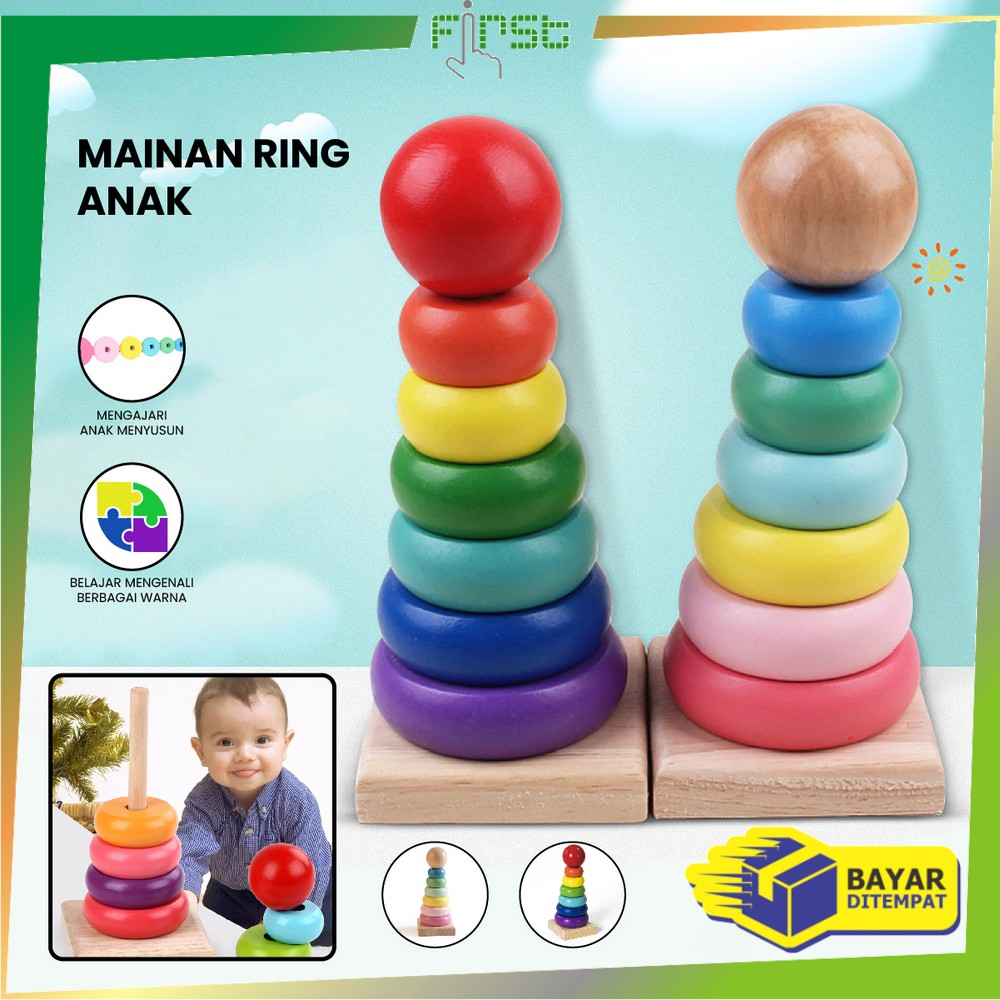Jual FH-M329 Mainan Anak Ring Donat Kayu Susun Rainbow Unisex / Mainan ...